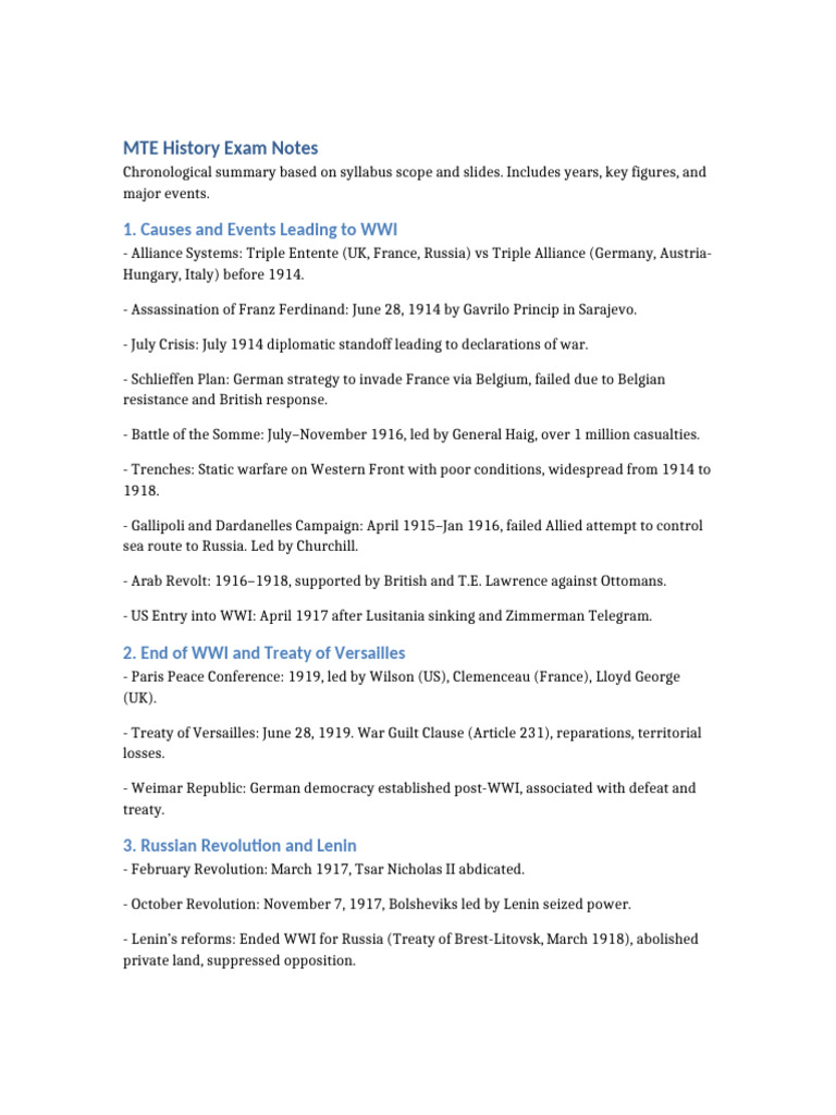 MTE History Exam Notes Chronological Updated | PDF | World War I ...