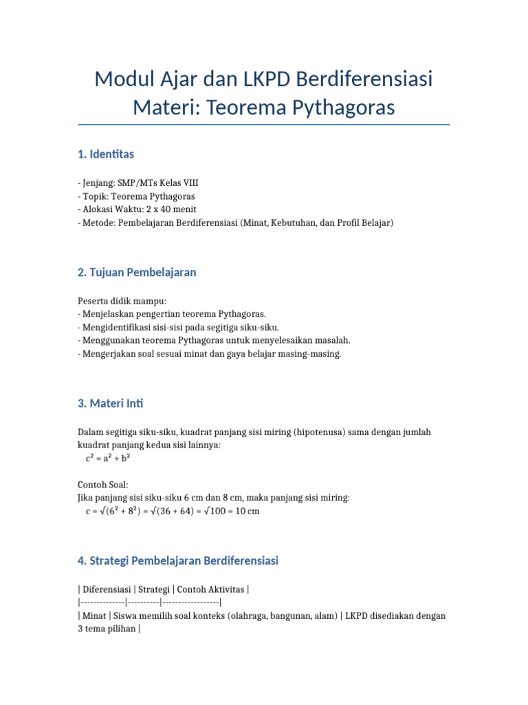 Modul LKPD Teorema Pythagoras Berdiferensiasi | PDF