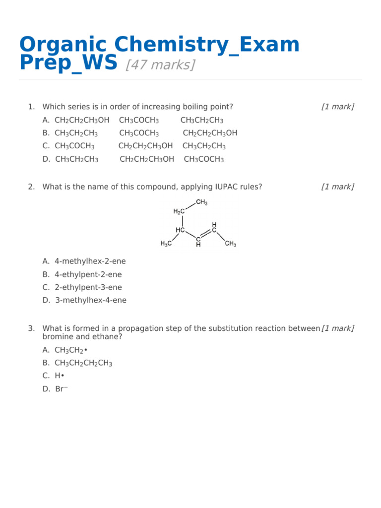 Organic Chemistry Exam Prep WS | PDF | Ethanol | Chemical Reactions