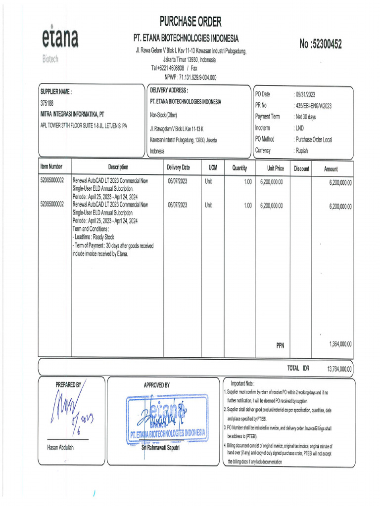 PO. 52300452 PT. Mitra Integrasi Informatika | PDF