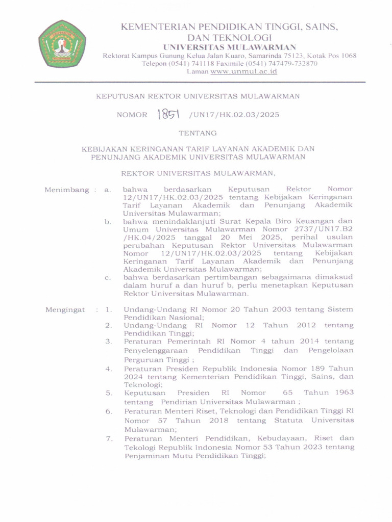 SK Rektor Kebijakan Keringanan Tarif Layanan Akademik & Penunjang ...