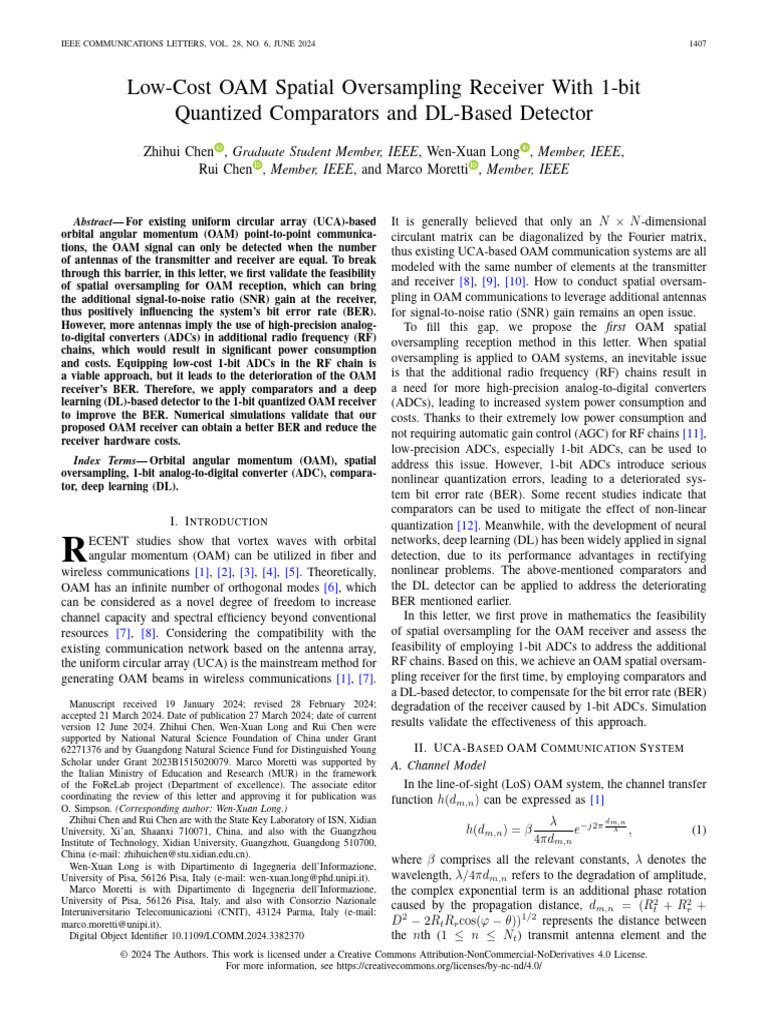 Low-Cost OAM Spatial Oversampling Receiver With 1-Bit Quantized ...