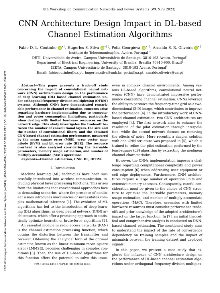 CNN Architecture Design Impact in DL-Based Channel Estimation Algorithms | PDF | Orthogonal ...