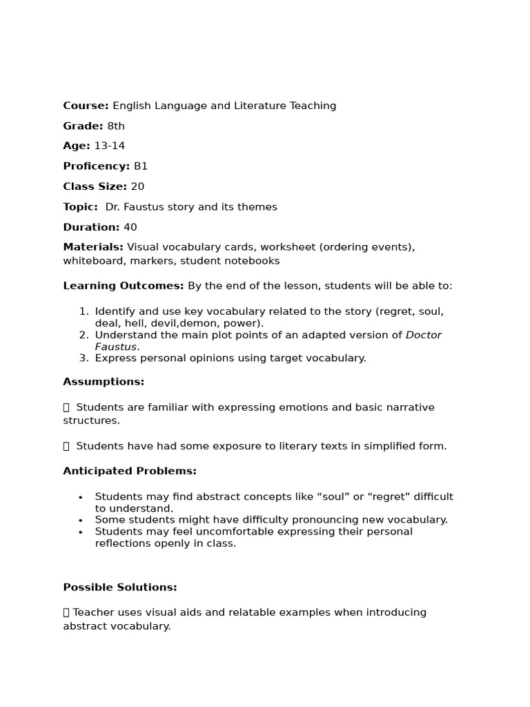 Dr. Faustus: Themes for 8th Grade ESL | PDF | Vocabulary | Teachers