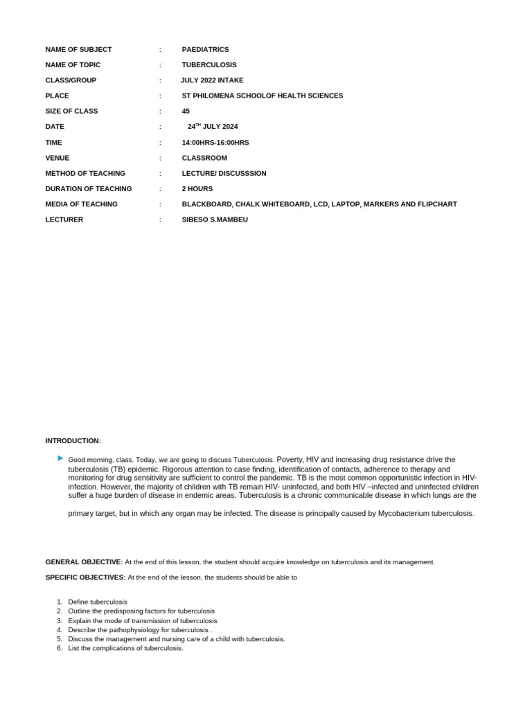 Lesson Plan Tuberculosis in Paeds | PDF | Tuberculosis | Health Sciences
