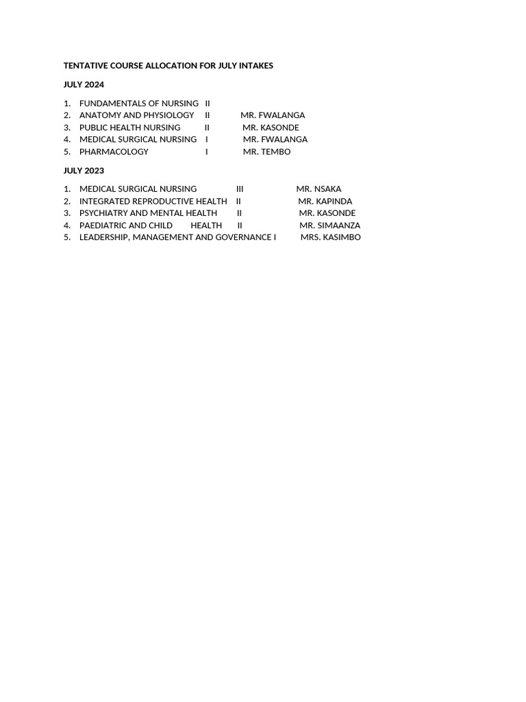 Tentative Course Allocation For July Intakes | PDF