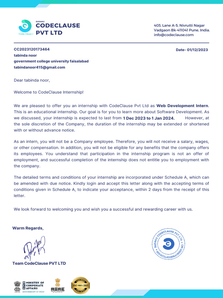 Codeclause Offer Letter | PDF | Internship | Job Hunting