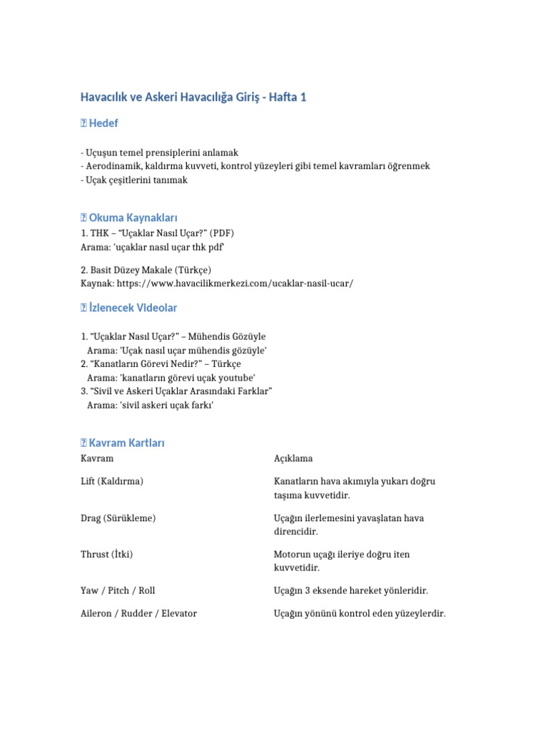 Havacilik Hafta1 Program | PDF