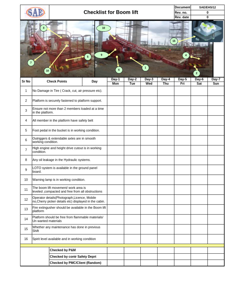 Boom Lift Safety Inspection Checklist | PDF | Civil Engineering | Transport