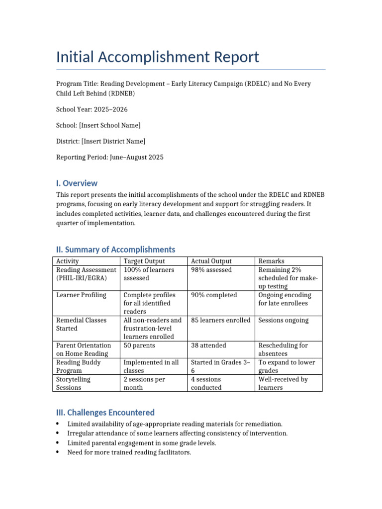 RDELC RDNEB Initial Accomplishment Report | PDF | Cognition | Learning ...