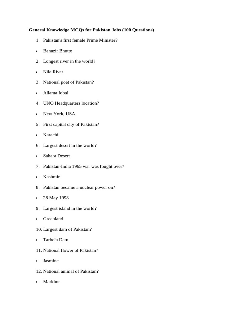 Pakistan Job MCQs: General Knowledge Quiz | PDF | Pakistan | Karachi
