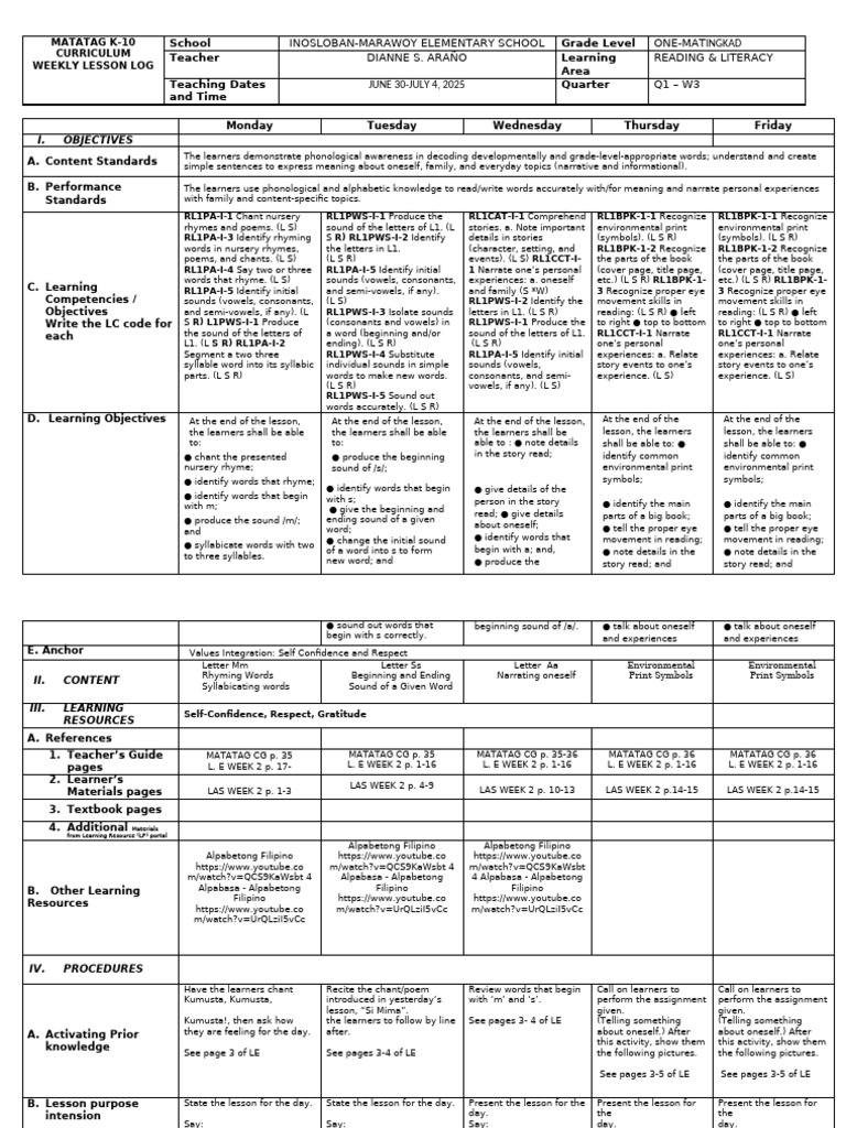 Grade 1 DLL Reading and Literacy Week 2 083159 | PDF | Consonant ...