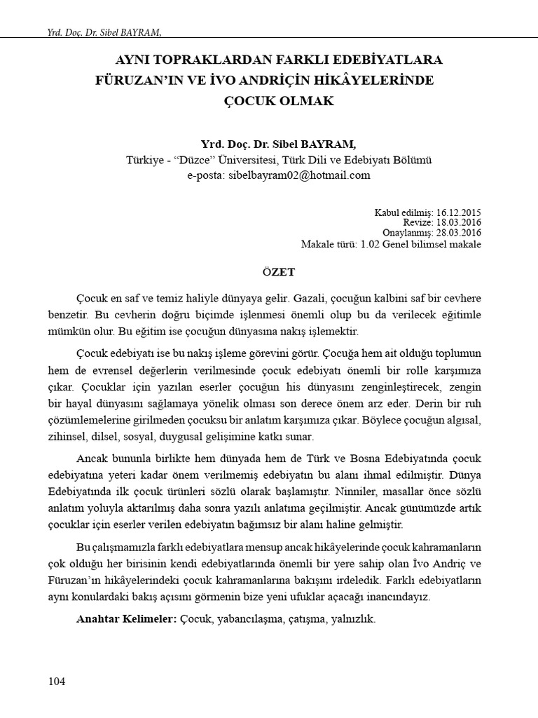 Furuzan Ve Ivo Andricin Hikayelerinde Co | PDF