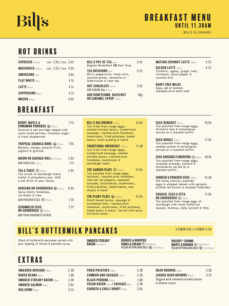 A4 Bills Breakfast Menu 290425 LDN No Print | PDF | Pancake | Drink