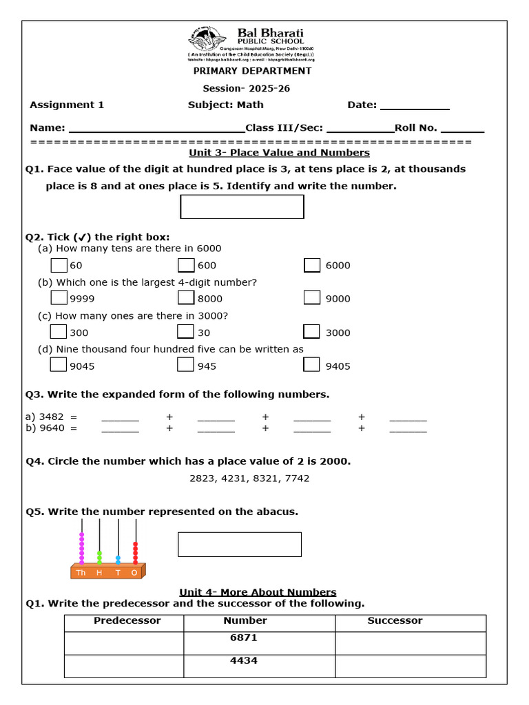 Maths Assignment 1 - Class III | PDF | Mathematics