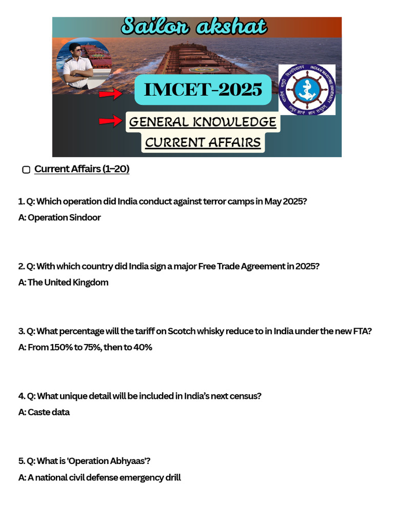 IMUCET Current Affairs - GK - GS (Merchant Navy) | PDF