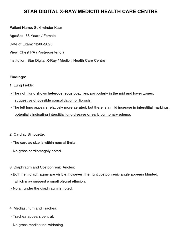 Chest X-Ray Report: Lung Findings | PDF
