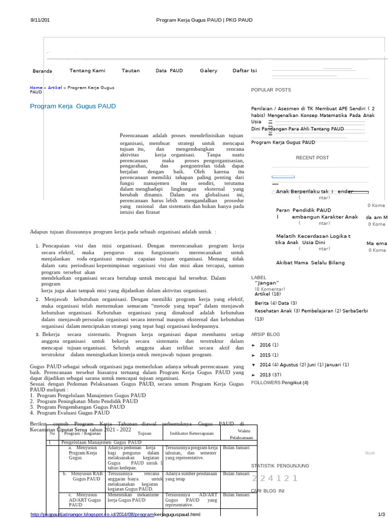 Program Kerja Gugus PAUD | PDF