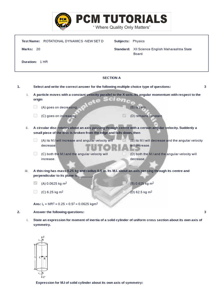 Answer Key - Rotational Dynamics - New Set D | PDF | Rotation Around A Fixed Axis | Acceleration