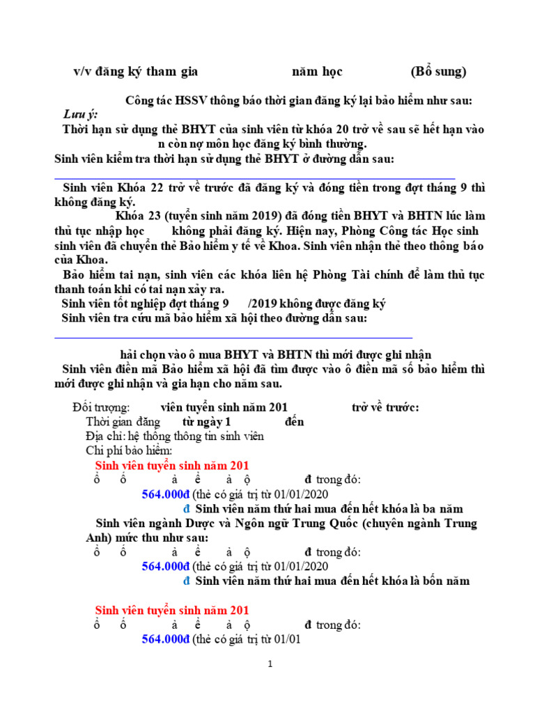 20190829-Trien Khai BH 2019-2020-THONG BAO SINH VIEN-lan 2-Bo Sung 2 | PDF