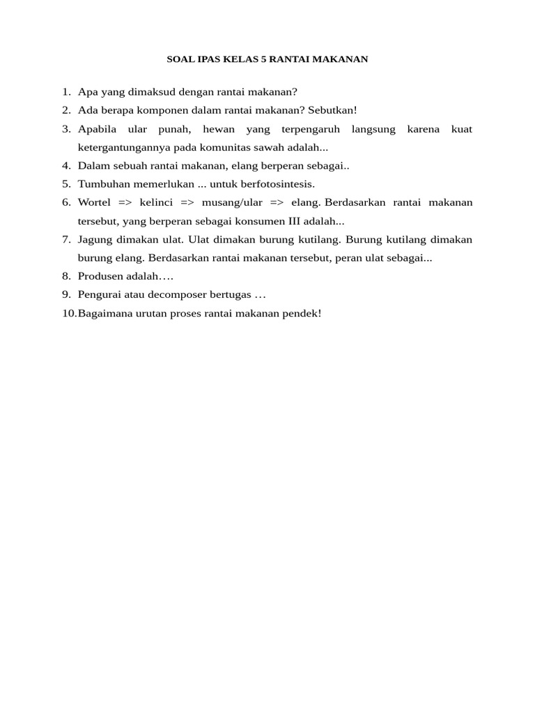 Soal Ipas Kelas 5 Rantai Makanan | PDF