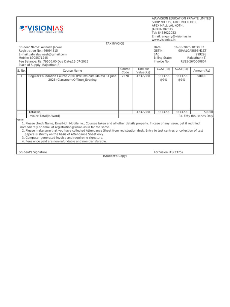 Visionias Jaipur-Bill of First Installment-16!06!2025!14!08 | PDF | Payments | Taxes