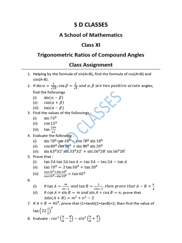 A. Trigonometric Ratios of Compound Angles Class Assignment XI | PDF ...