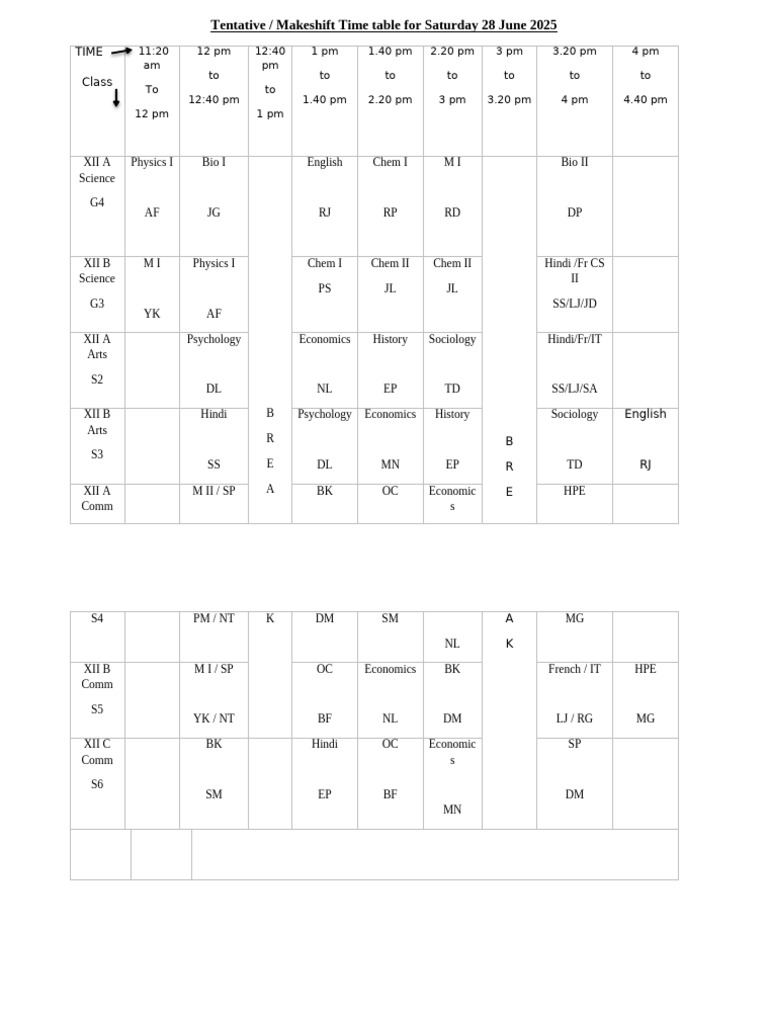 Tentative Makeshift Time Table 28 June 2025 | PDF