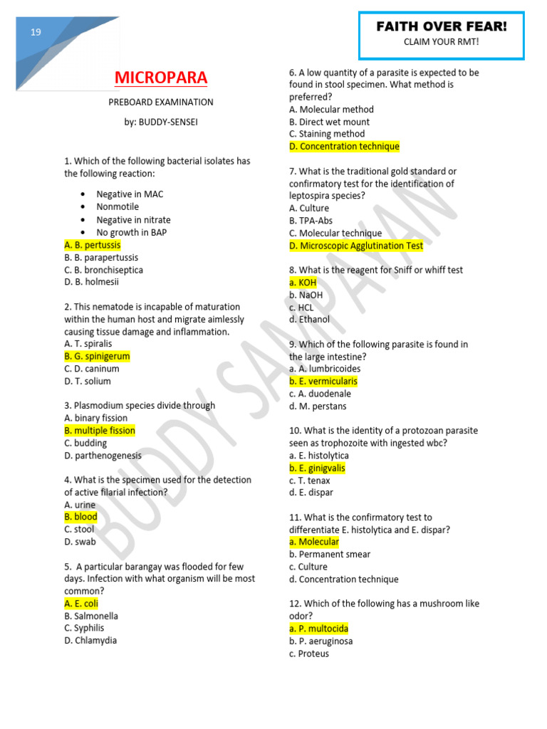 RMT Preboard Exam Review Questions | PDF | Bacteria | Infection