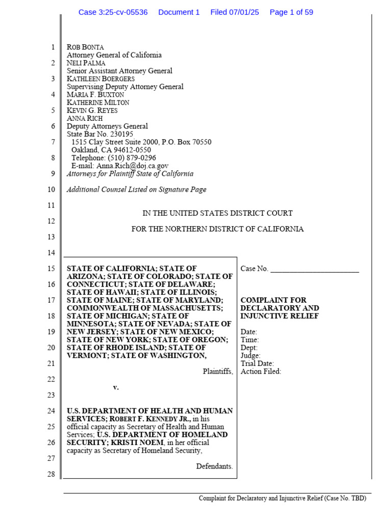 CA v. HHS, COMPLAINT FOR DECLARATORY AND INJUNCTIVE RELIEF | PDF ...