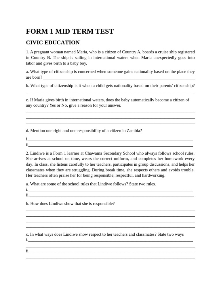 Form 1 Mid Term Test | PDF | Citizenship | Governance