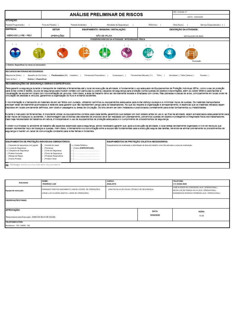 APR - ANÁLISE PRELIMINAR DE RISCOS - Clicksign | PDF