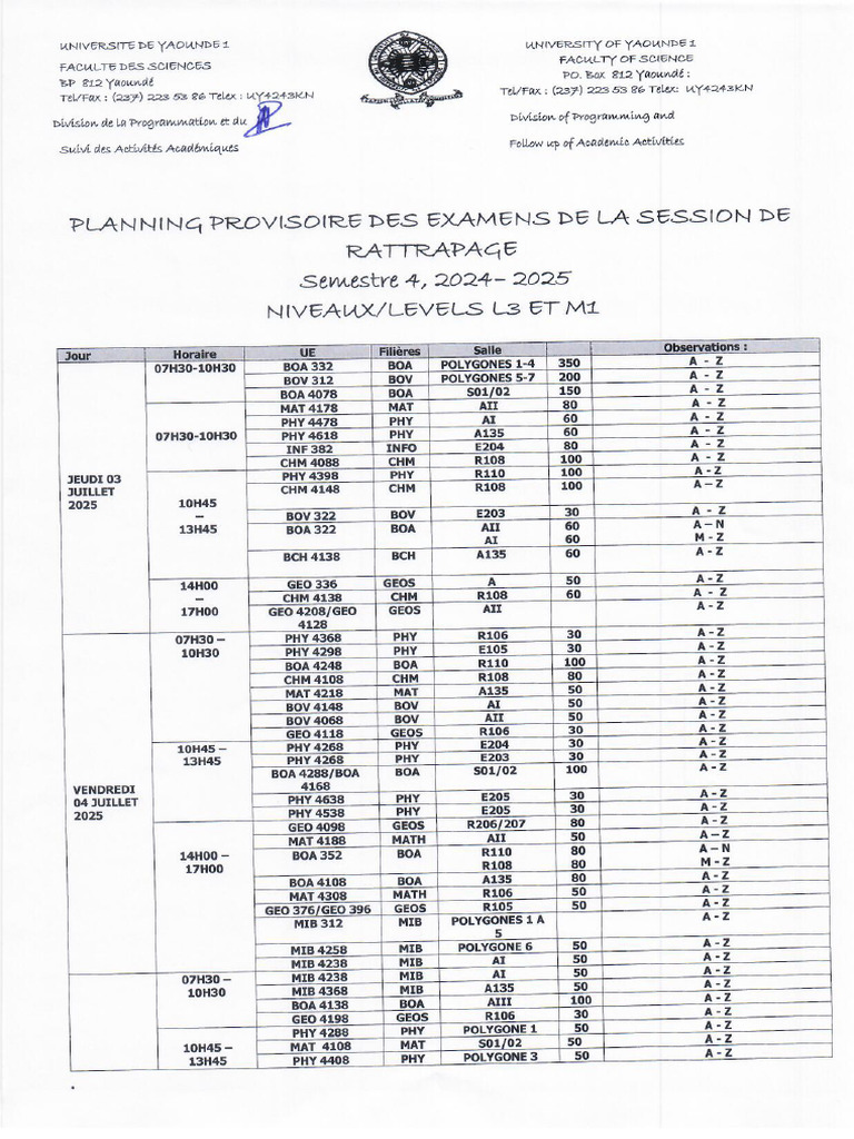 Planning Provisoire de Rattrapage L3 Et M1 | PDF
