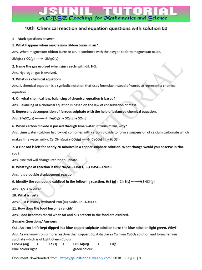 10th Chemical Reaction and Equation Questions With Solution 02 | PDF ...