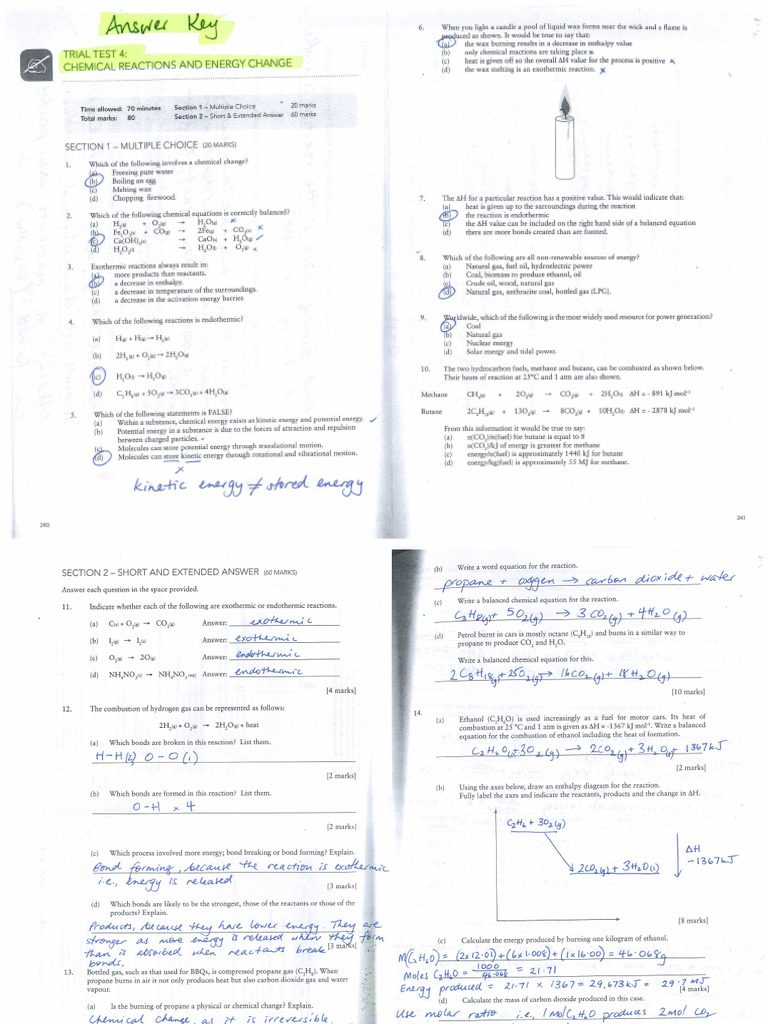 Test 4 Chemical Reactions and Energy Change Answer Key | PDF