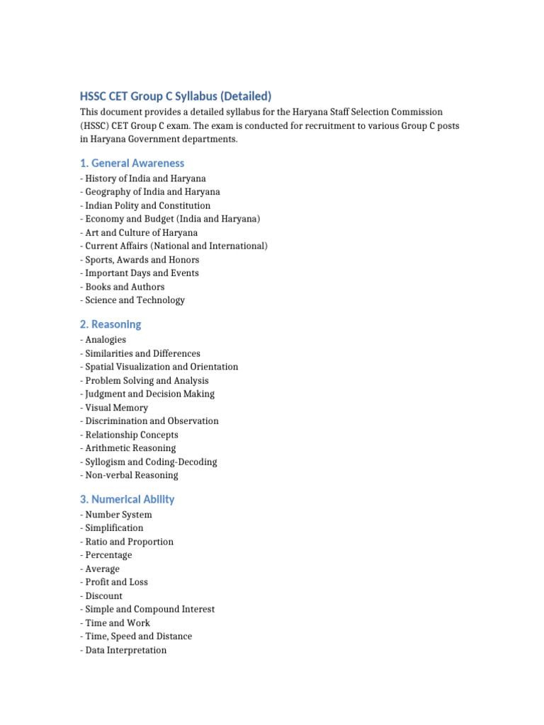 HSSC CET Group C Syllabus Detailed English | PDF