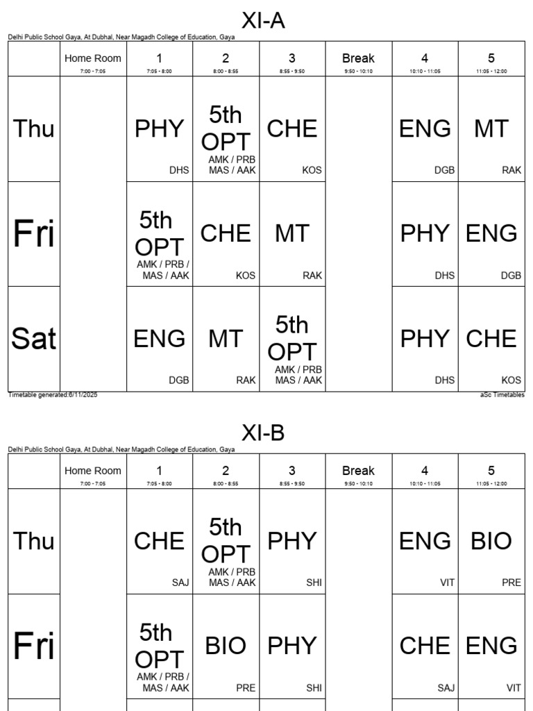 Class XI - Timetable | PDF