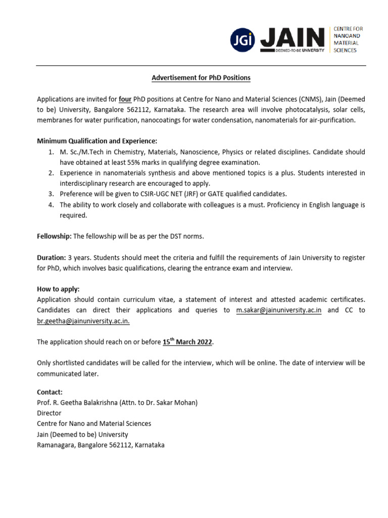 PhD Positions at Jain University | PDF