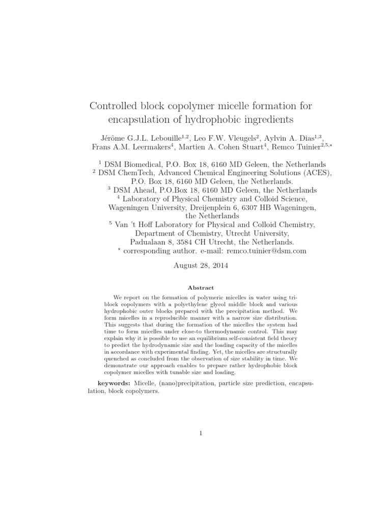 Controlled Block Copolymer Micelle Formation For Encapsulation of Hydrophobic Ingredients | PDF ...