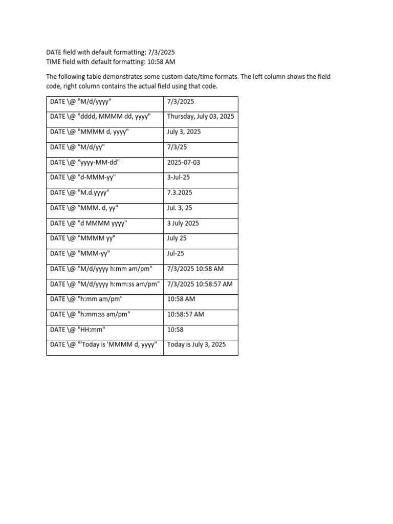 Custom Date/Time Formatting Examples | PDF