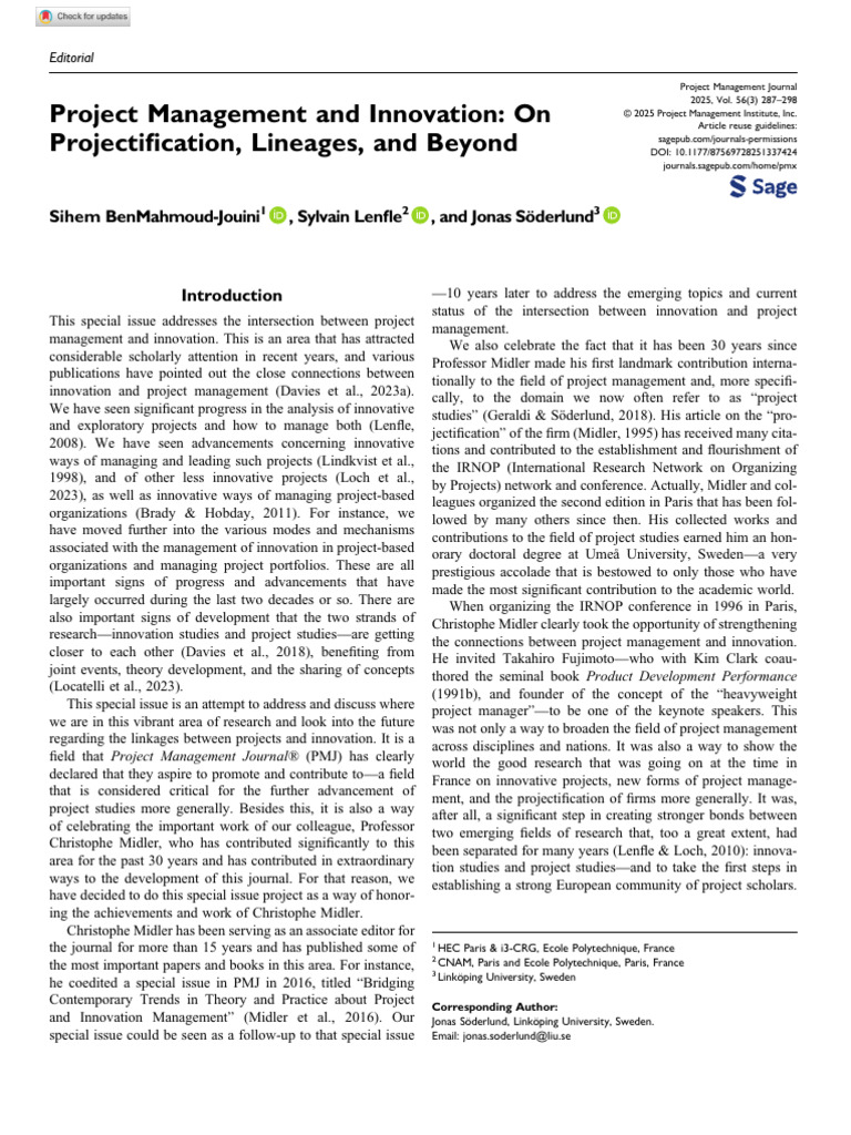 Benmahmoud Jouini Et Al 2025 Project Management and Innovation On Projectification Lineages and ...