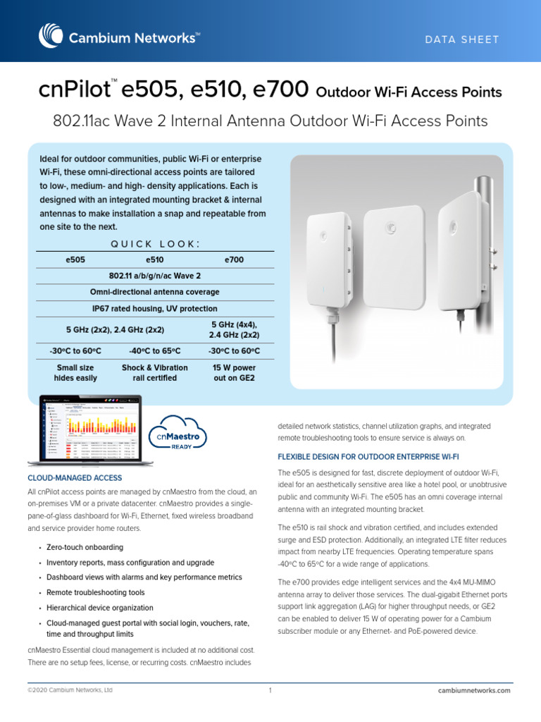 Cambium Networks Data Sheet CnPilot E505 E510 E700 Family | PDF | Wi Fi ...