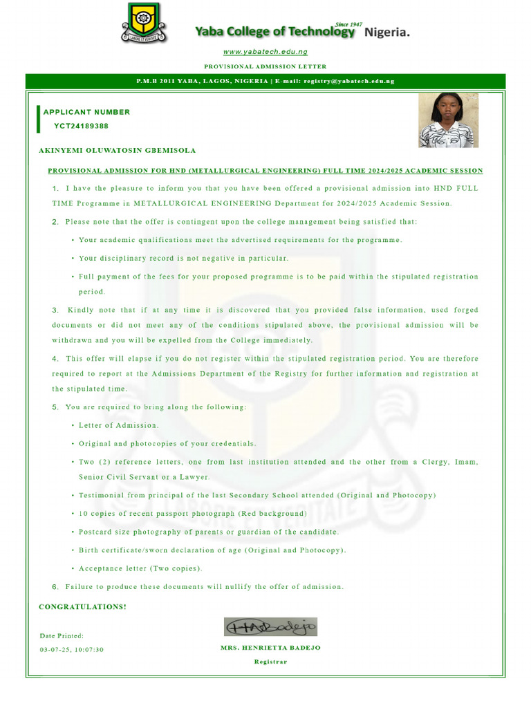 Yabatech Admission Letter For Akinyemi | PDF