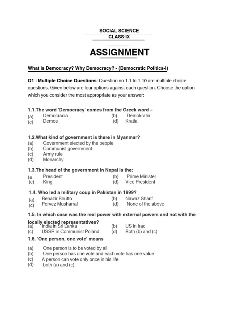 Democracy: Class IX Assignment Guide | PDF | Democracy | Political ...