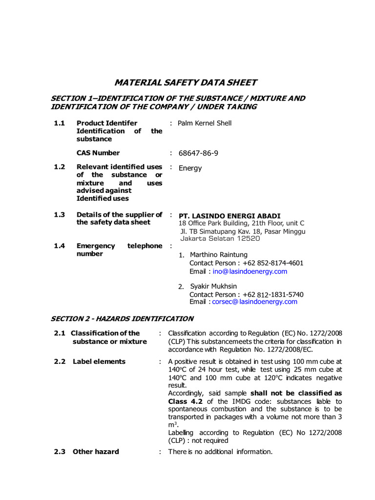 Msds Lasindoenergy - Palm Kernel Shell | PDF | Materials | Chemistry