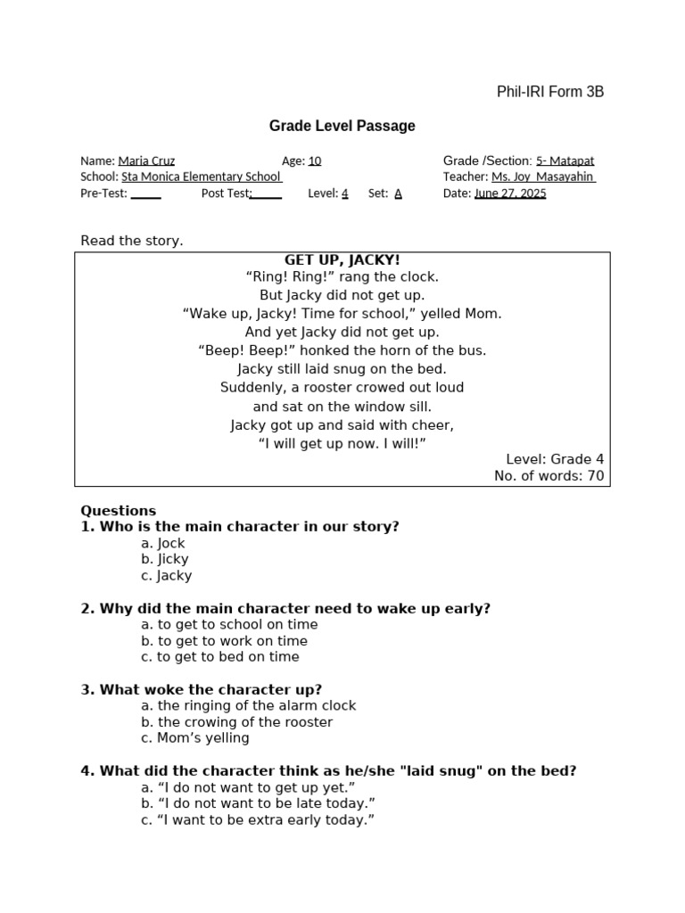 Phil Iri Grade 4 English Passage Pre | PDF