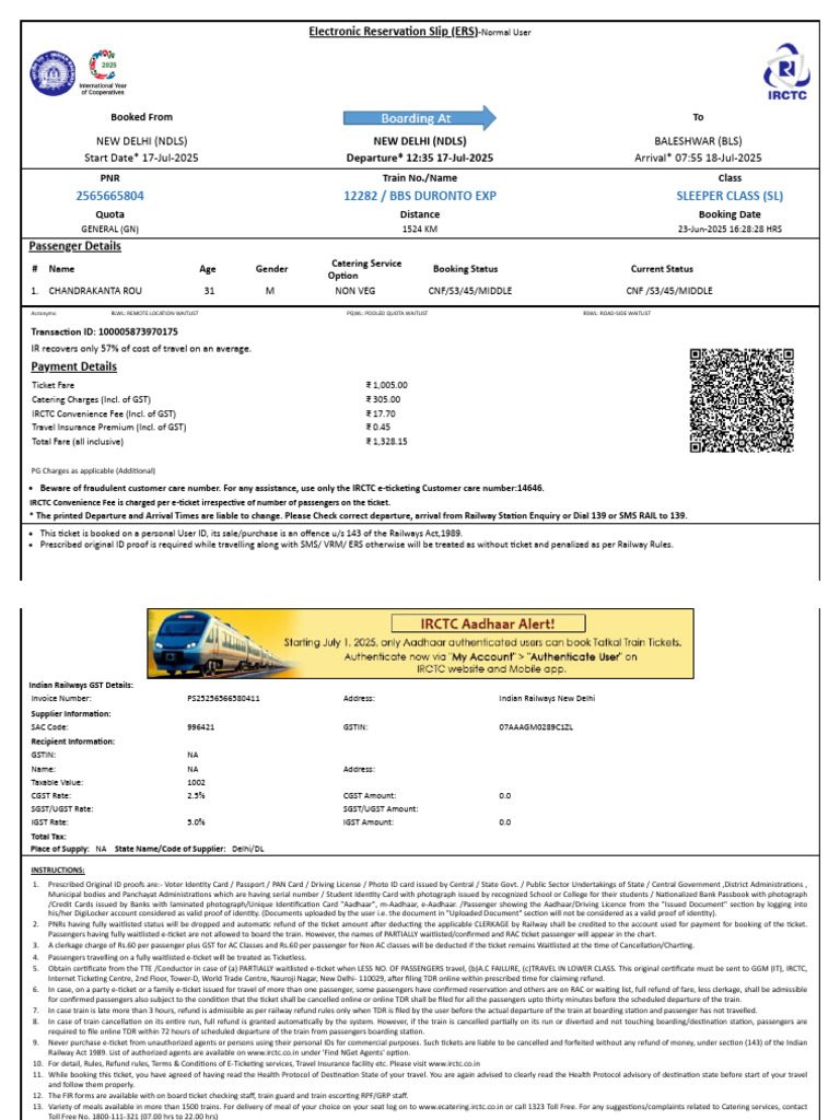 Chandrakanta Roul Ticket | PDF | Identity Document | Payments