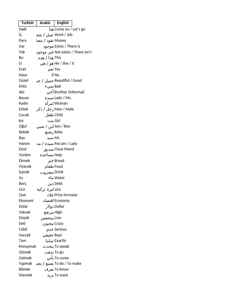Common Turkish Vocabulary List | PDF