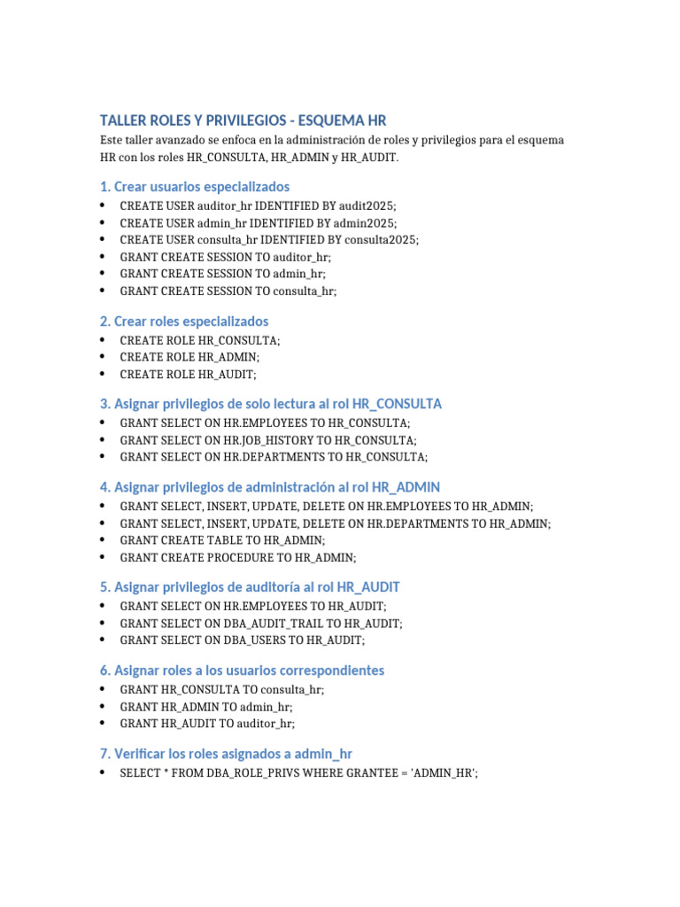 Taller Roles HR en Oracle | PDF
