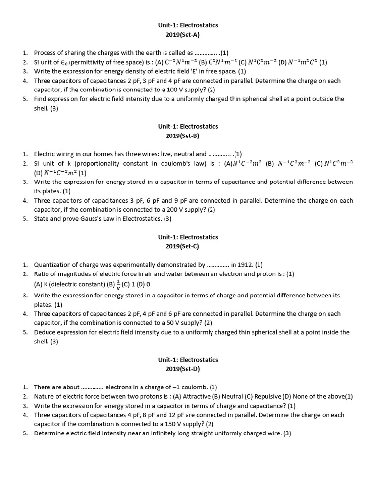 Unit-1: Electrostatics 2019 (Set-A) | PDF | Capacitance | Capacitor